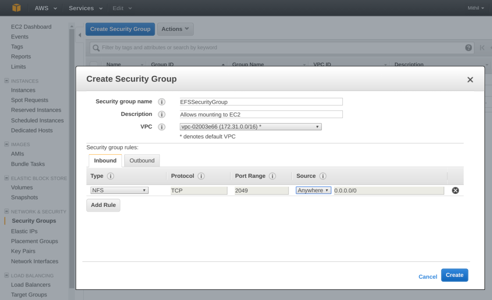 Amazon Elastic File System (EFS) create security group – Studytrails